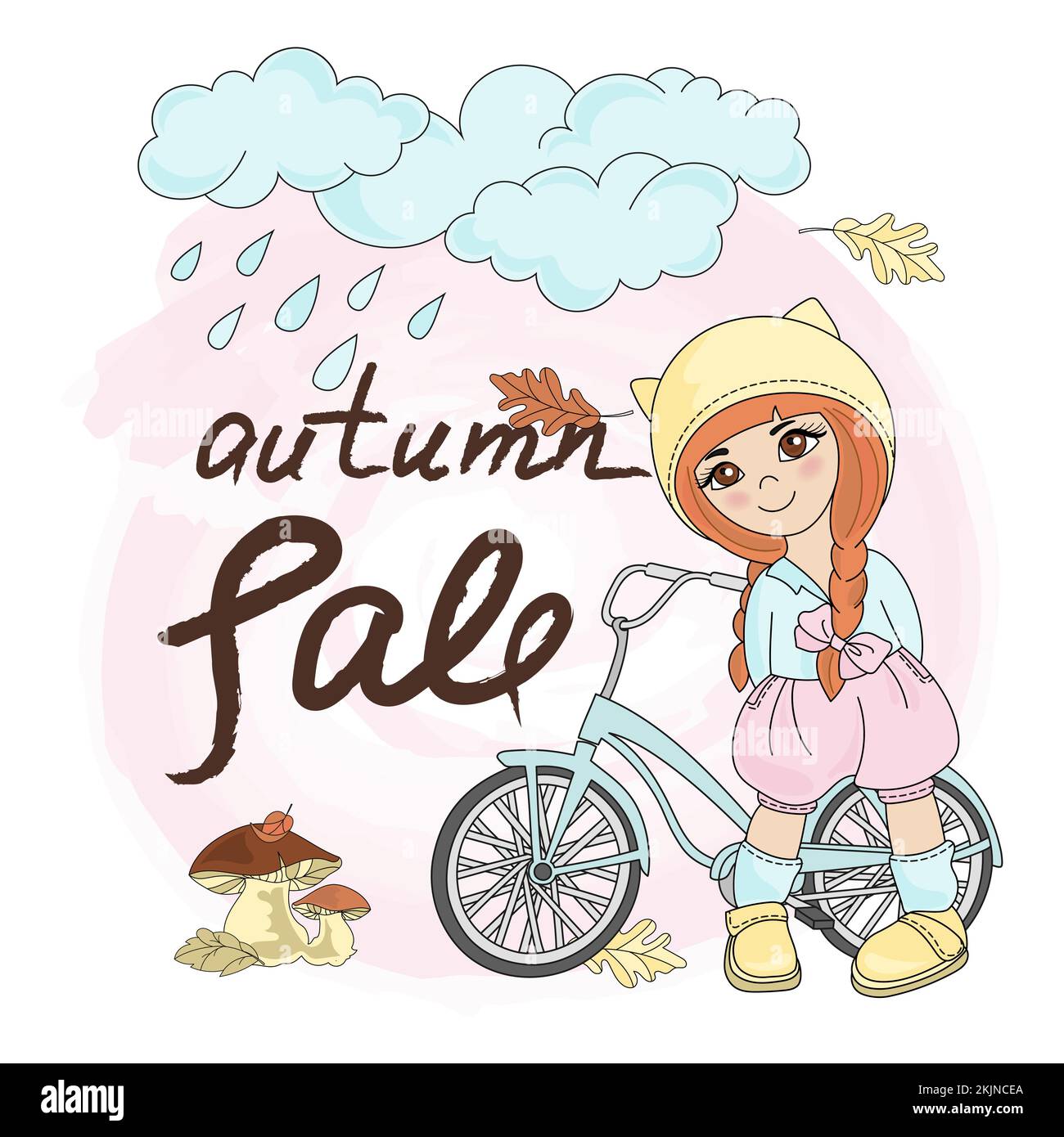 GIRL AND BIKE Autumn Fall Season Nature Cartoon Vector Illustration Set ...