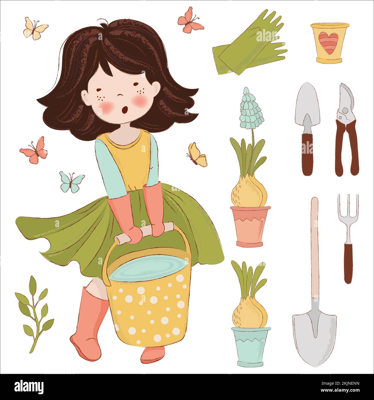 GARDEN WORK Spring Season Girl Care Detail Holiday Cartoon Hand Drawn ...