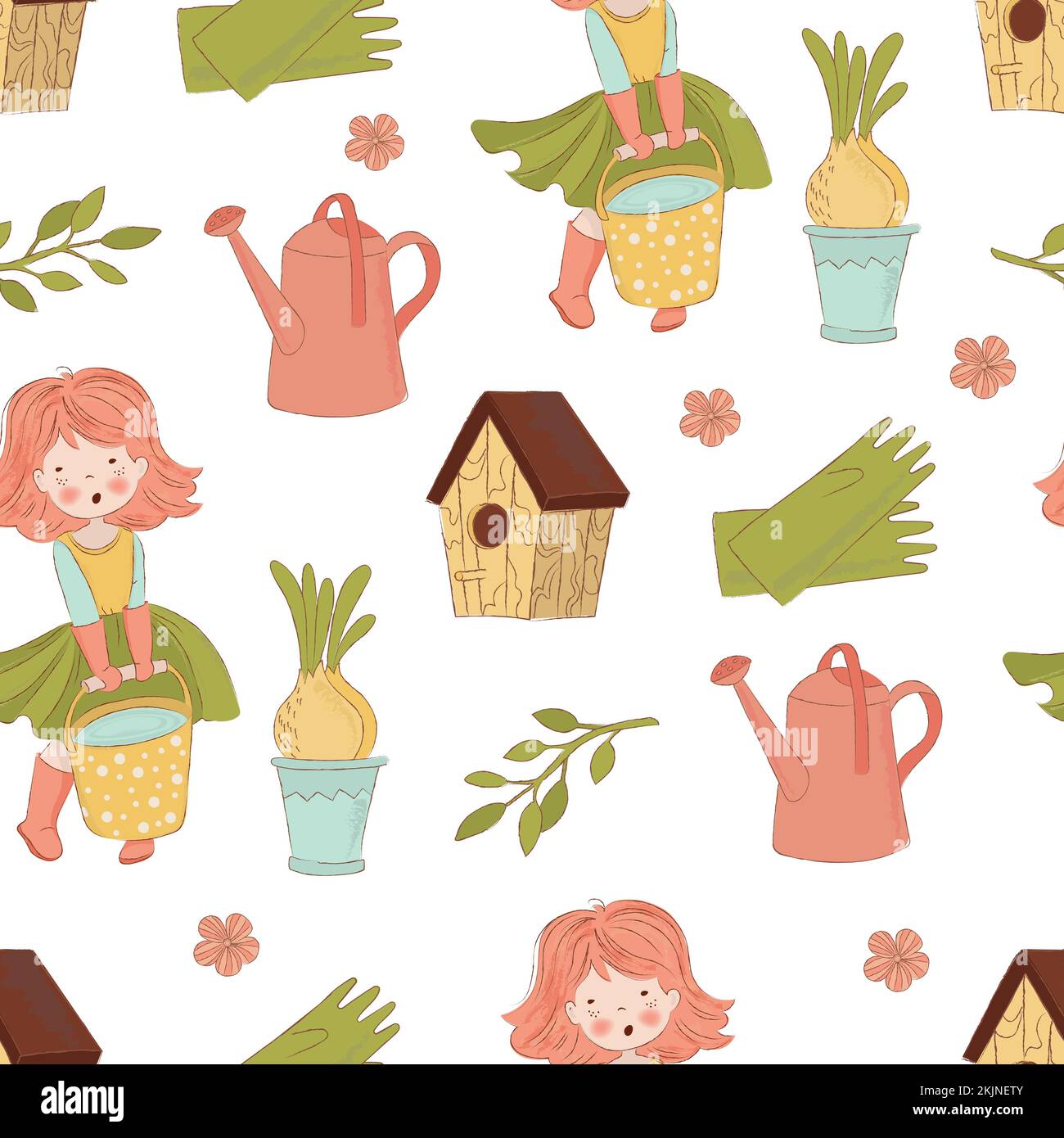 GARDENING Spring Season Nature Garden Girl Work Holiday Cartoon Hand ...