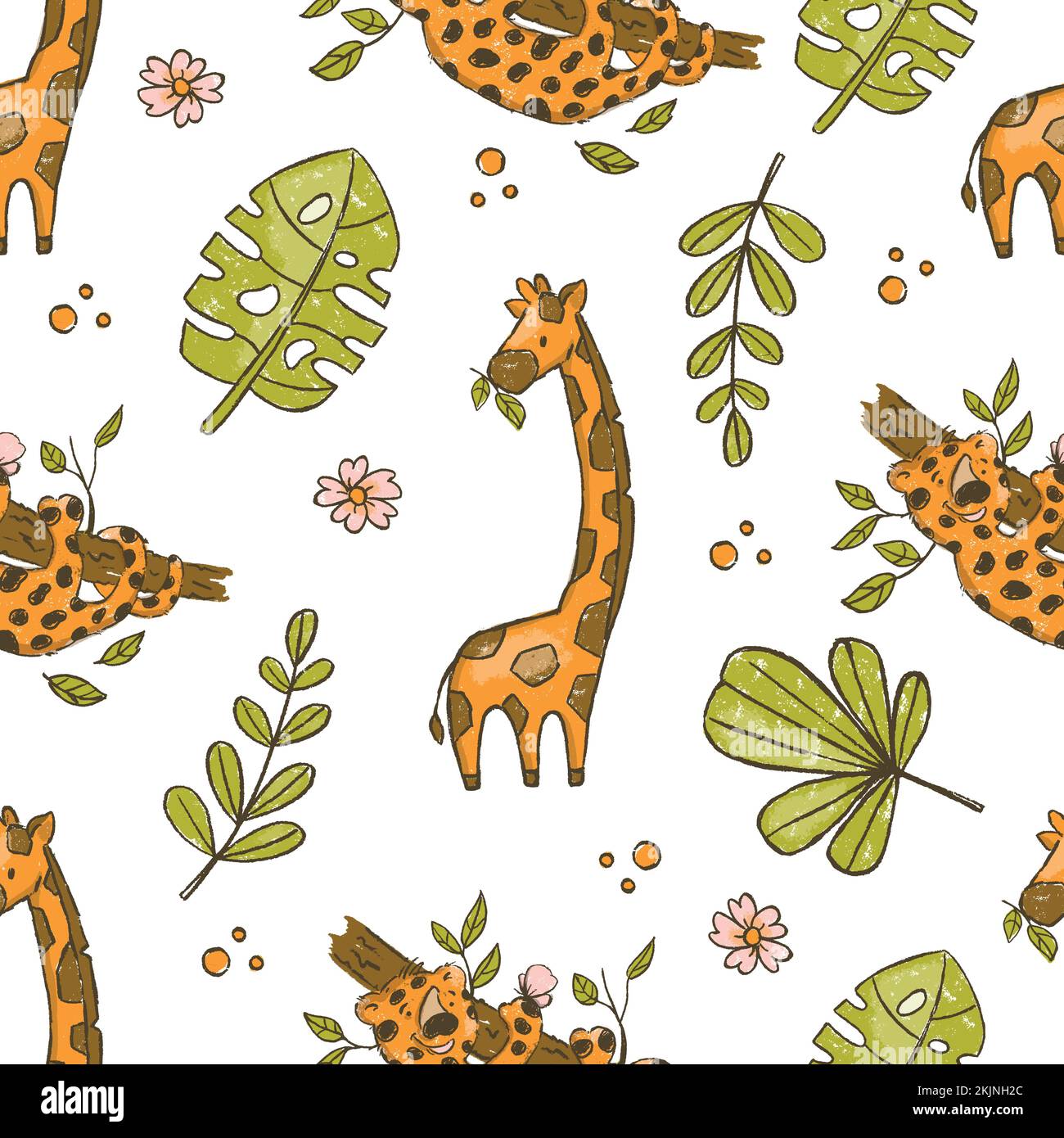 GIRAFFE AND LEOPARD Cute Cartoon Tropical African Animals Hand Drawn ...