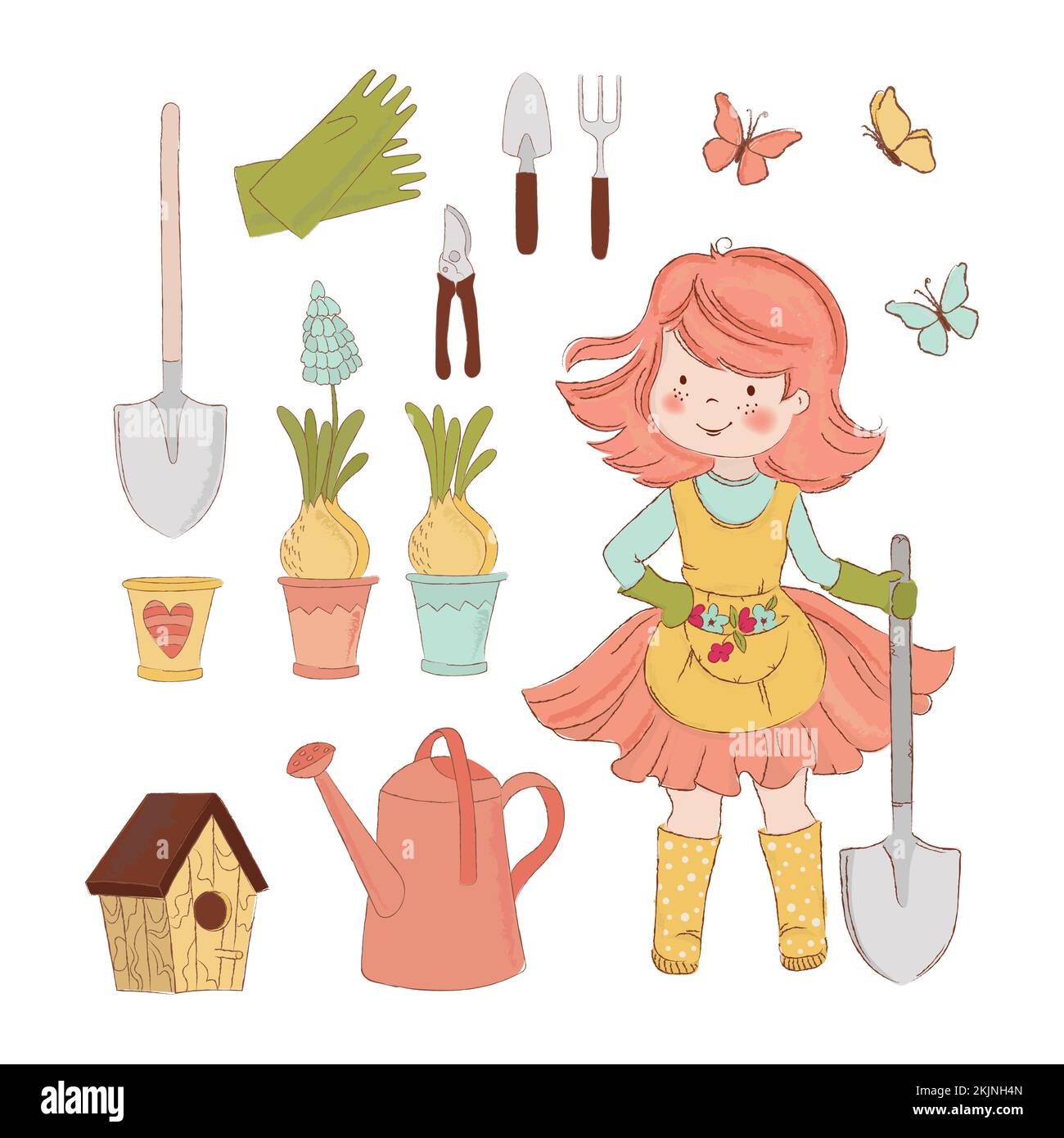 GIRL GARDEN Spring Season Care Accessories Hand Drawn Holiday Cartoon ...