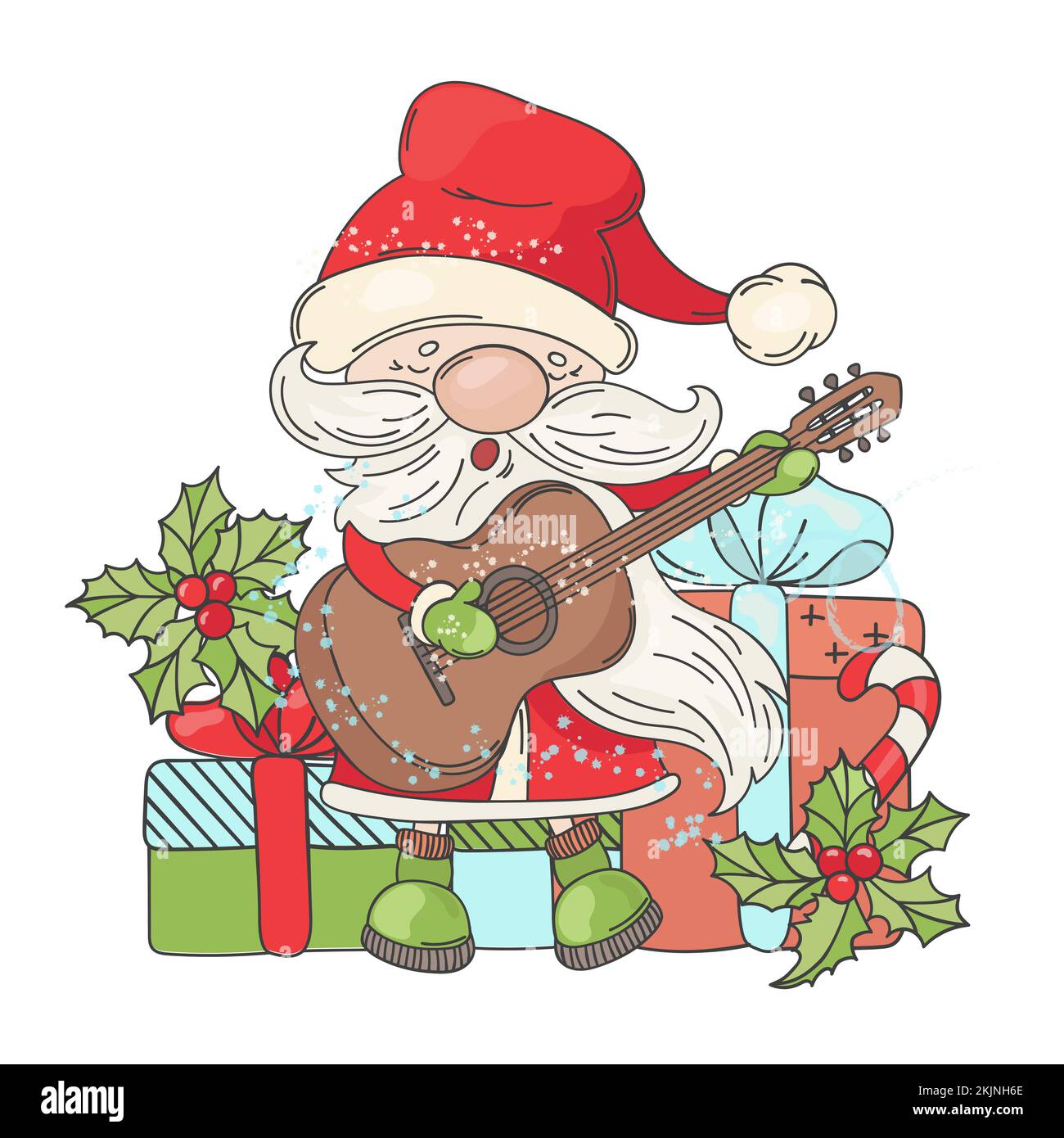 GUITAR SANTA MUSIC Merry Christmas New Year Musician Holiday Hand Drawn ...