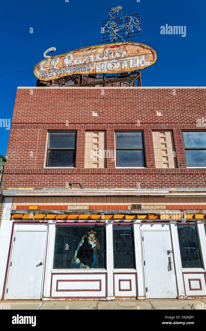 The neon sign atop the roof of the abandoned El Rancho Hotel in Wells ...
