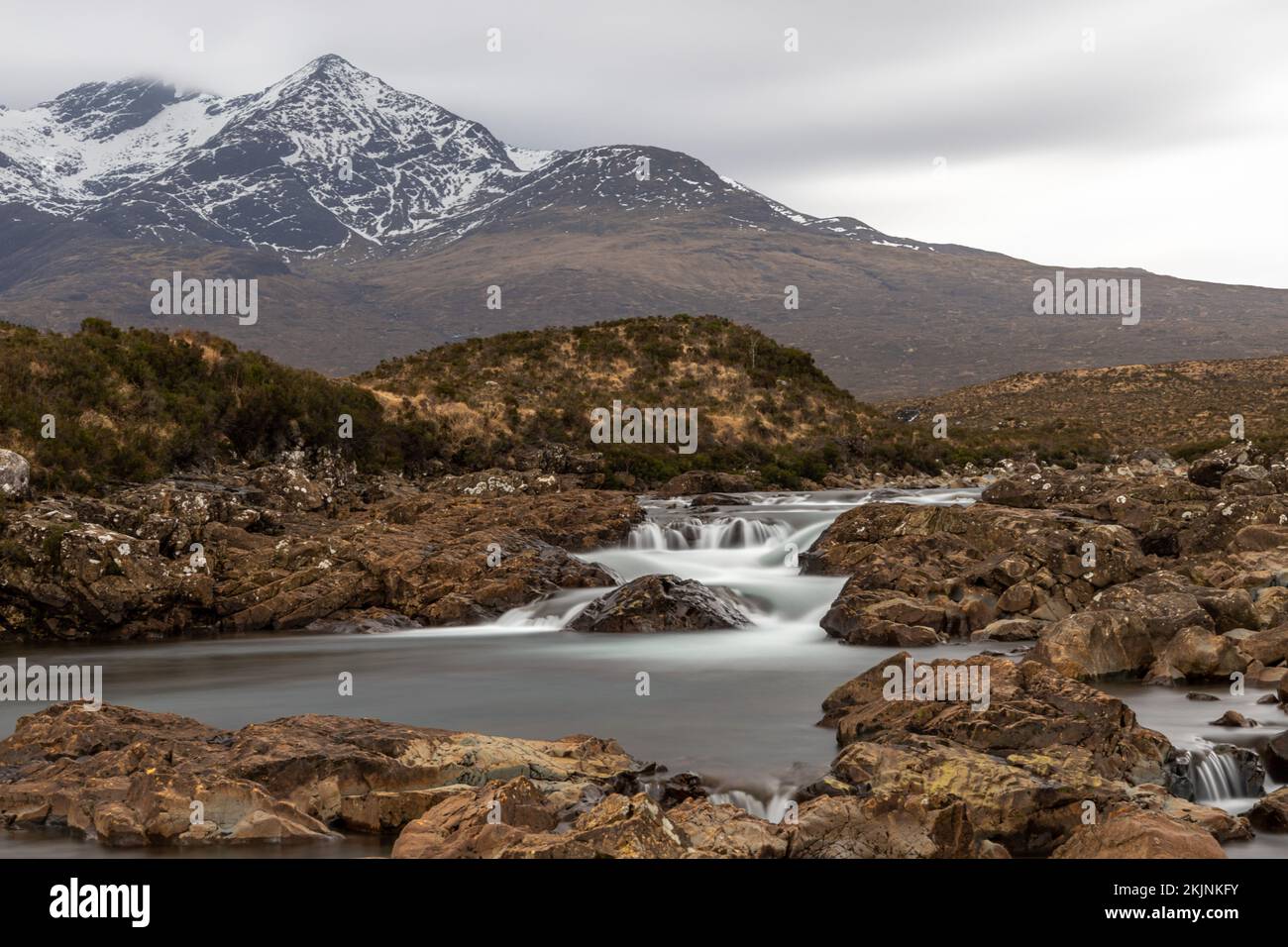 An aerial view of flowing river surrounded by rocks in background of ...