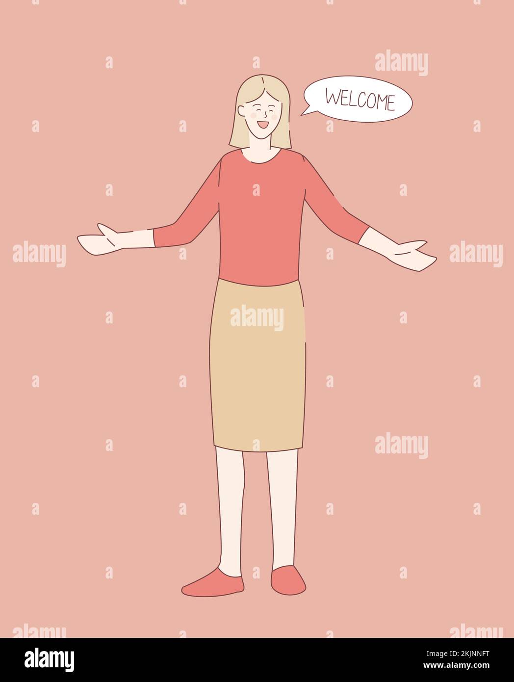 woman smile with welcome message bubble with outline or line and clean ...