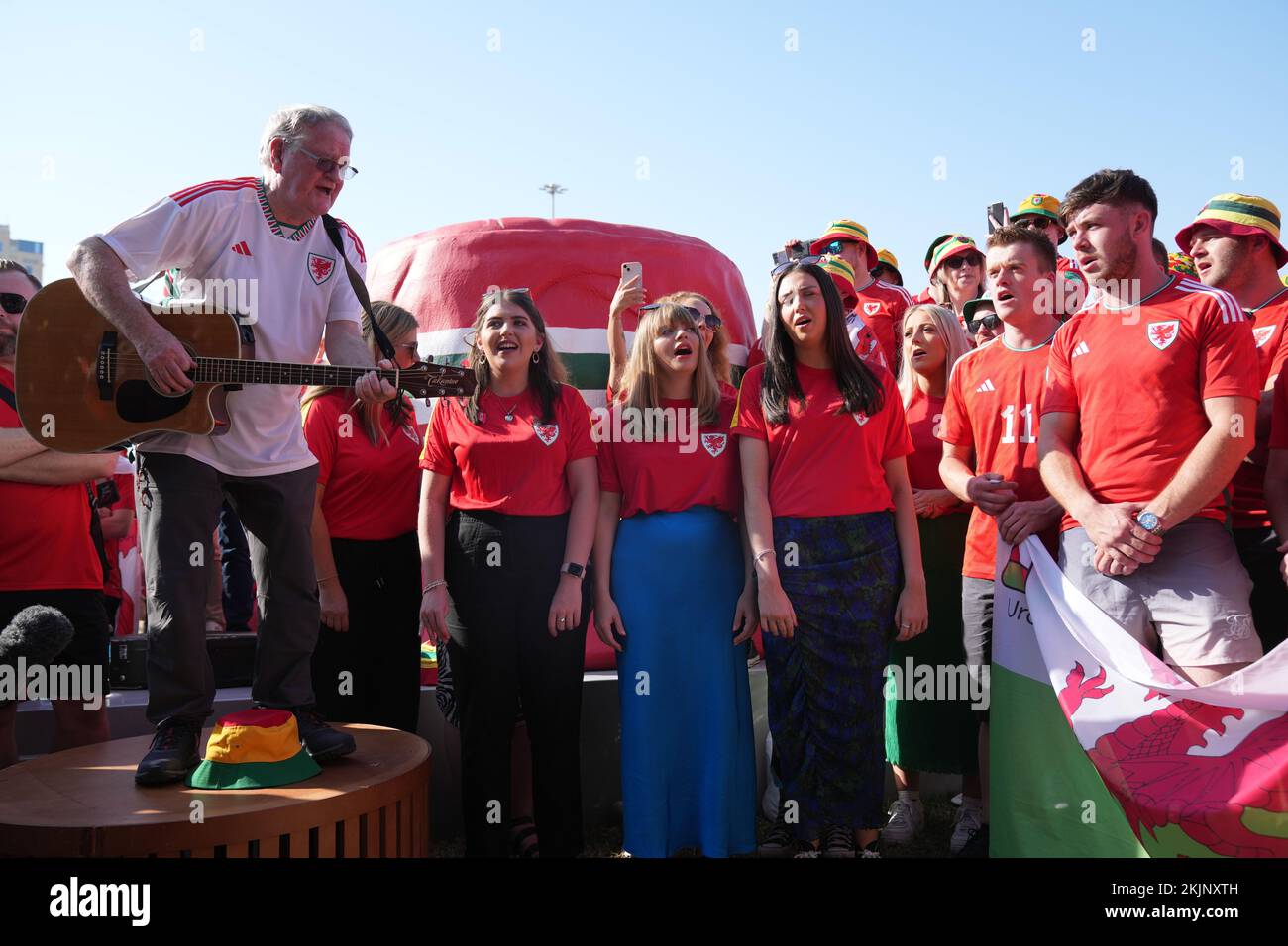 Welsh singer Dafydd Iwan performs with a choir at the Corniche Walk ...