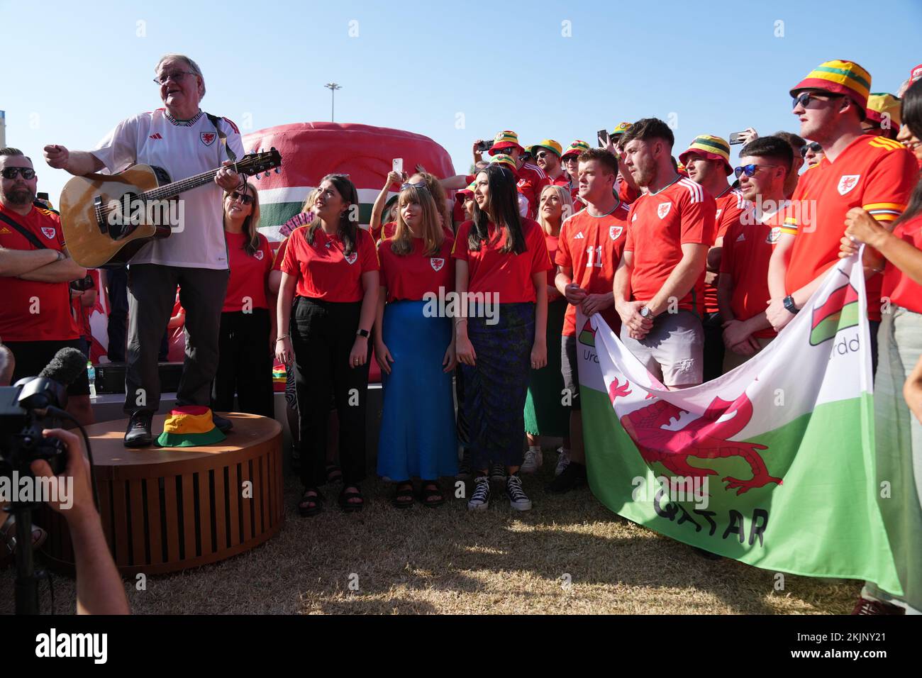 Welsh singer Dafydd Iwan performs with a choir at the Corniche Walk ...