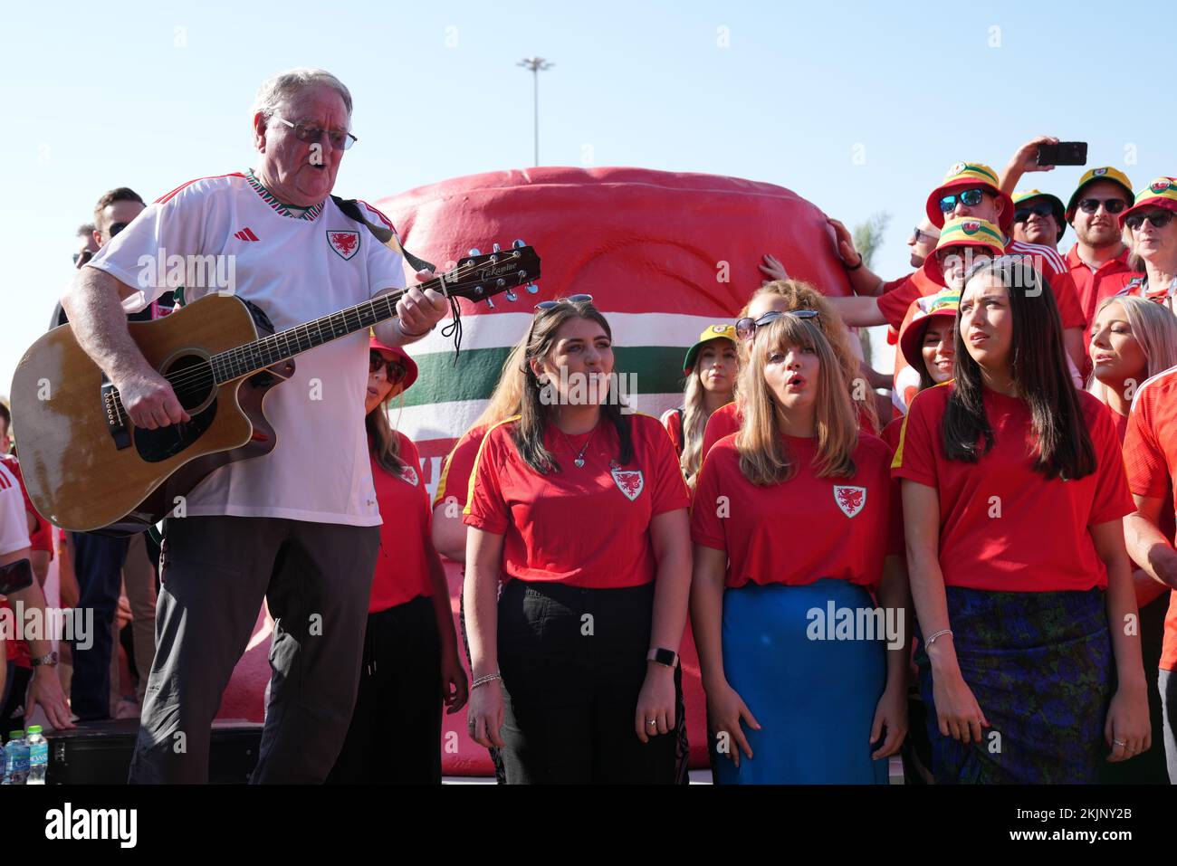 Welsh singer Dafydd Iwan performs with a choir at the Corniche Walk ...