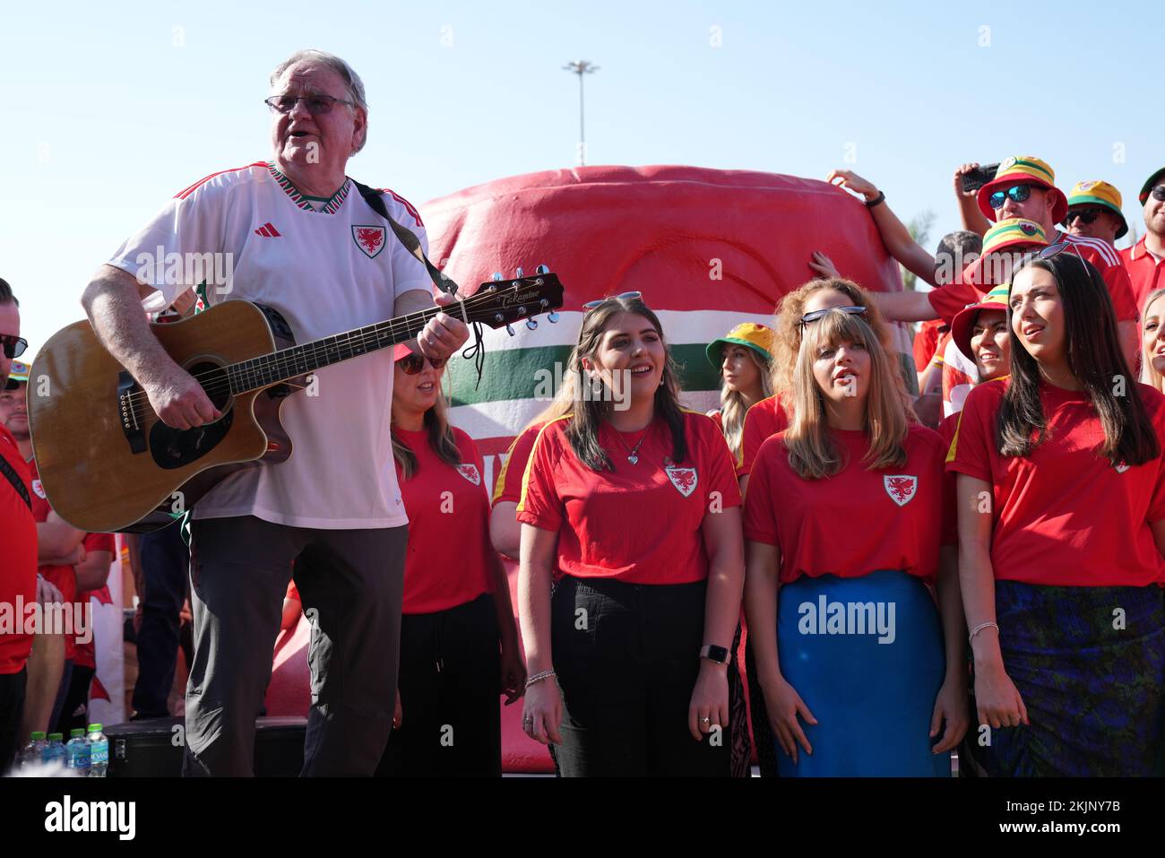 Welsh singer Dafydd Iwan performs with a choir at the Corniche Walk ...