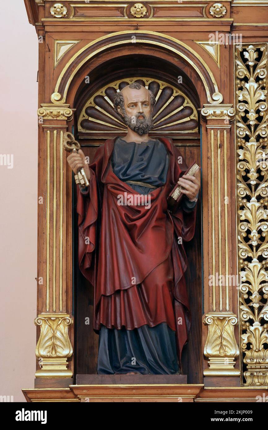 Saint Peter, statue on the main altar in the parish church of Wounded Jesus in Gradec, Croatia ...