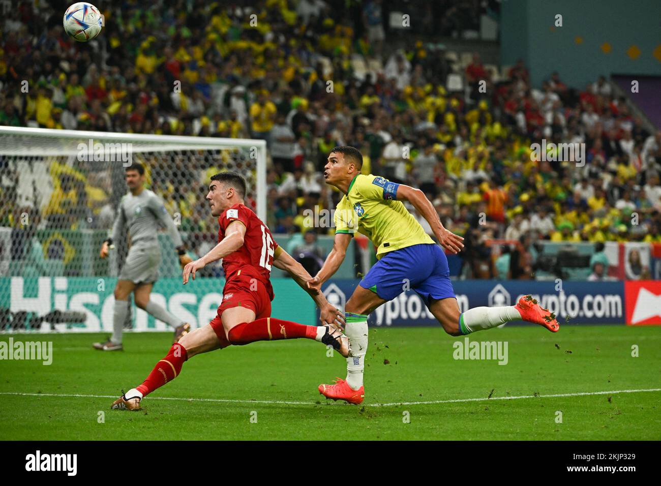 Dusan Vlahovic of Serbia and Thiago Silva of Brazil during Brasil v ...