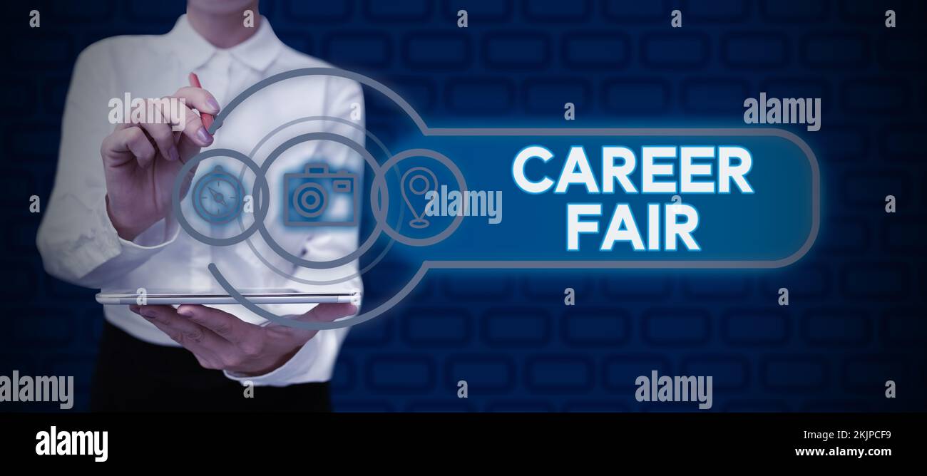 Text caption presenting Career Fair. Concept meaning an event at which ... Text caption presenting Career Fair. Concept meaning an event at which ...