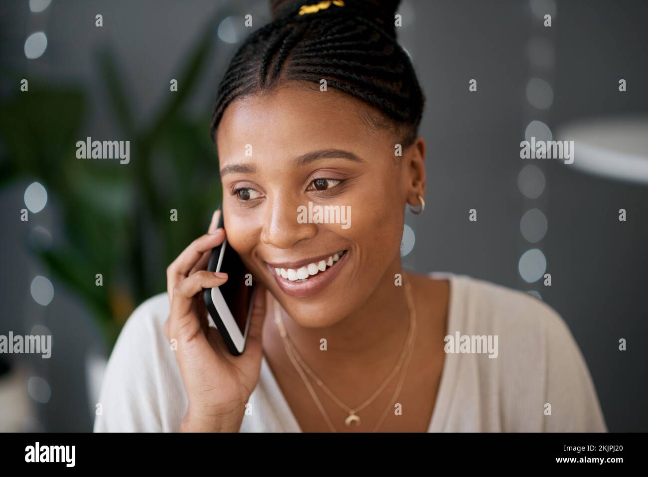 Black woman, phone call and talking with smile, communication and happy ...