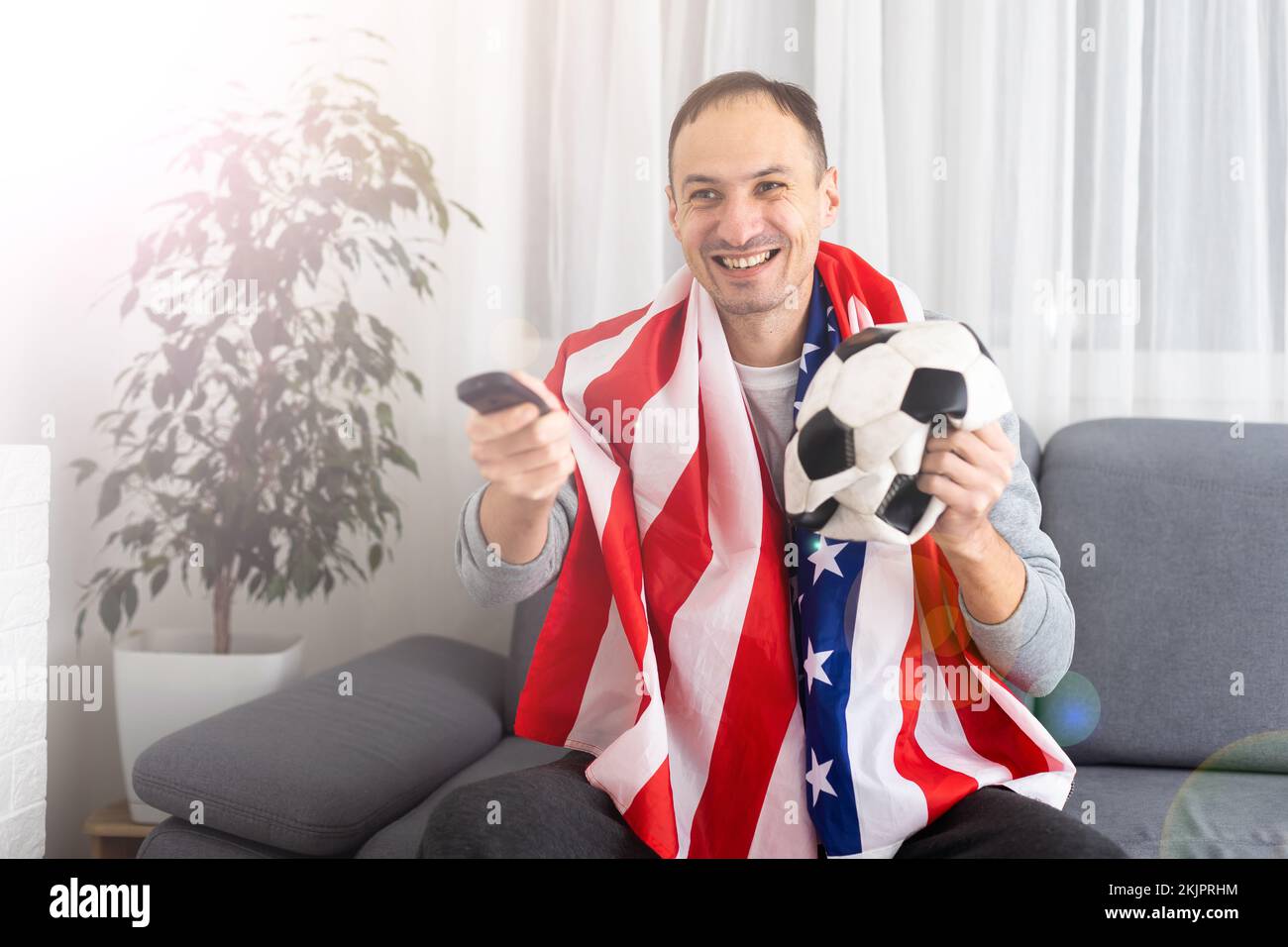 Soccer Fan. Emotional Guy Shouting Celebrating Victory Of Team Holding ...