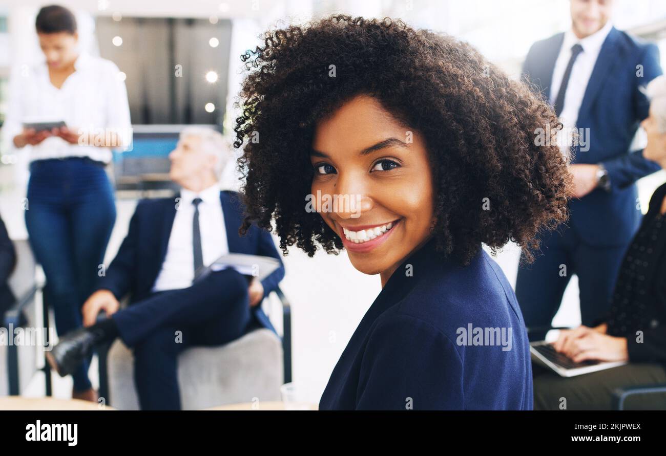 Portrait, business and happy black woman in busy office, law company ...