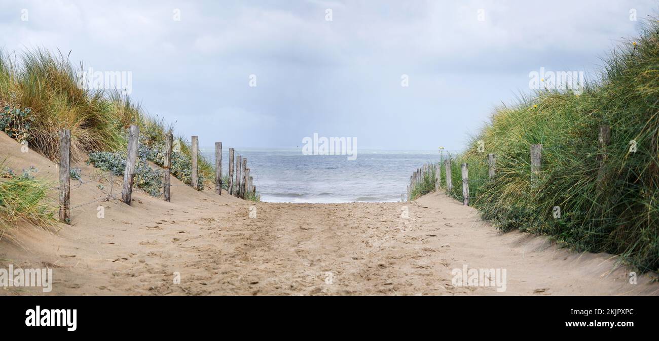 A pathway going to the beach with a wire fence on the side Stock Photo ...