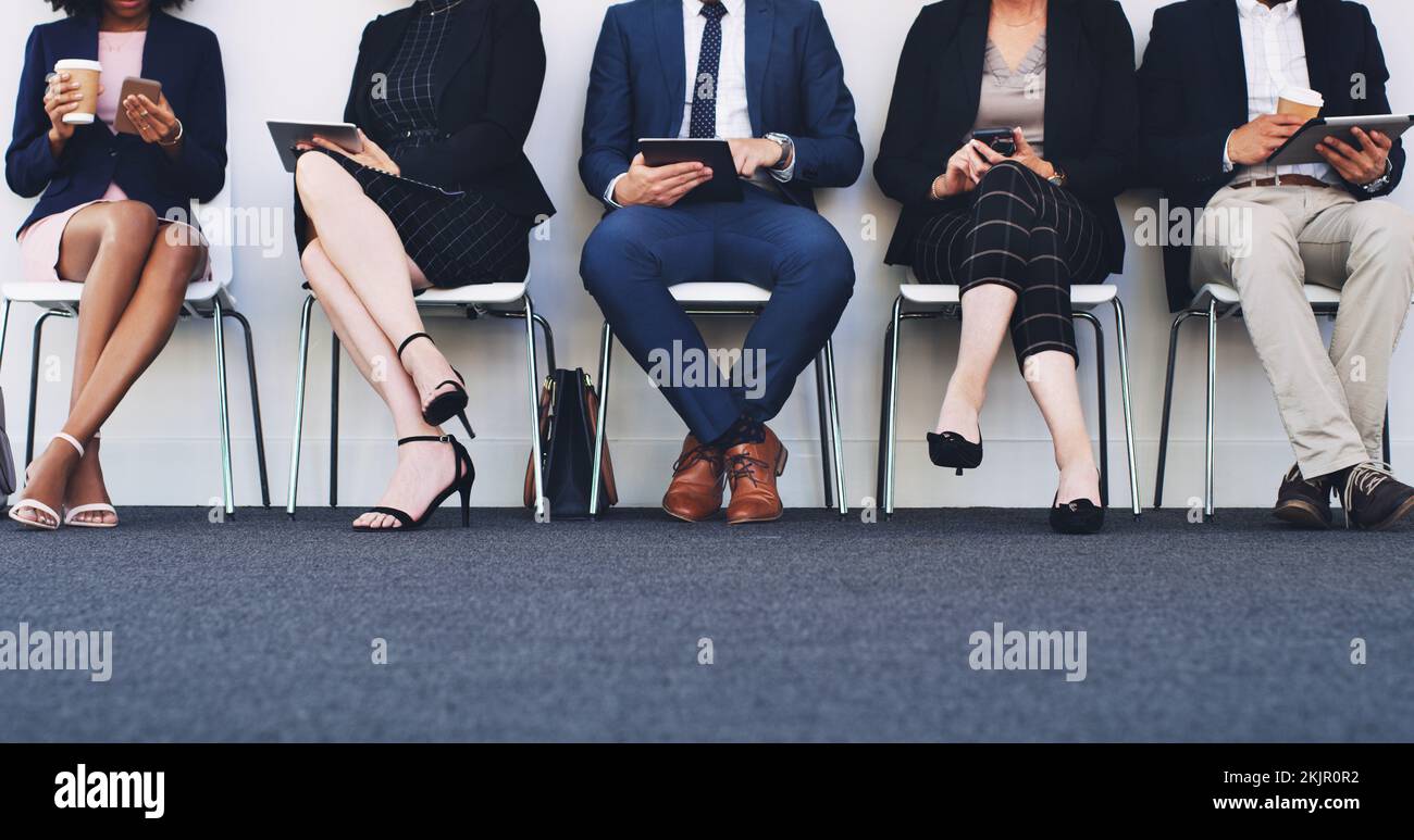 Line, group and business people for interview using tech devices while ...