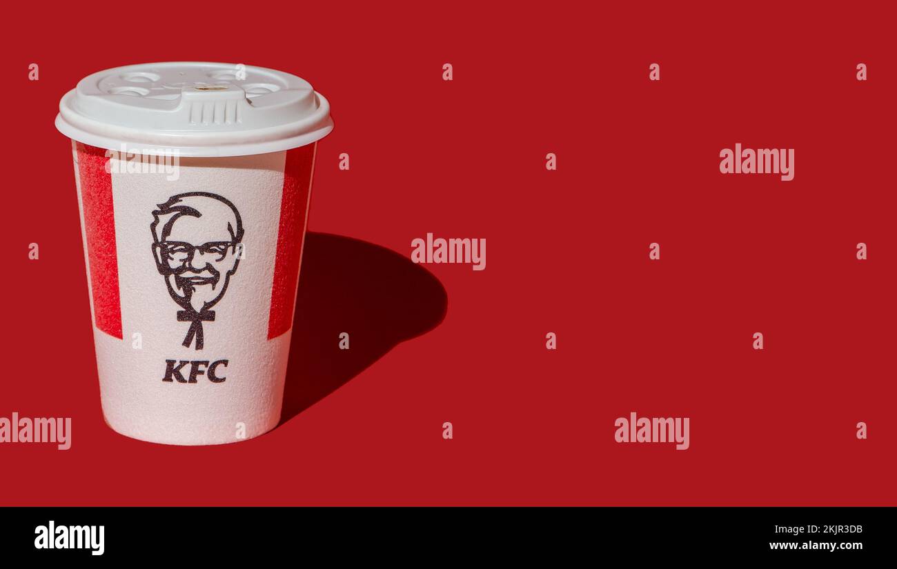 Red white glass of KFC for coffee, cocoa, tea on a red background. Hot ...