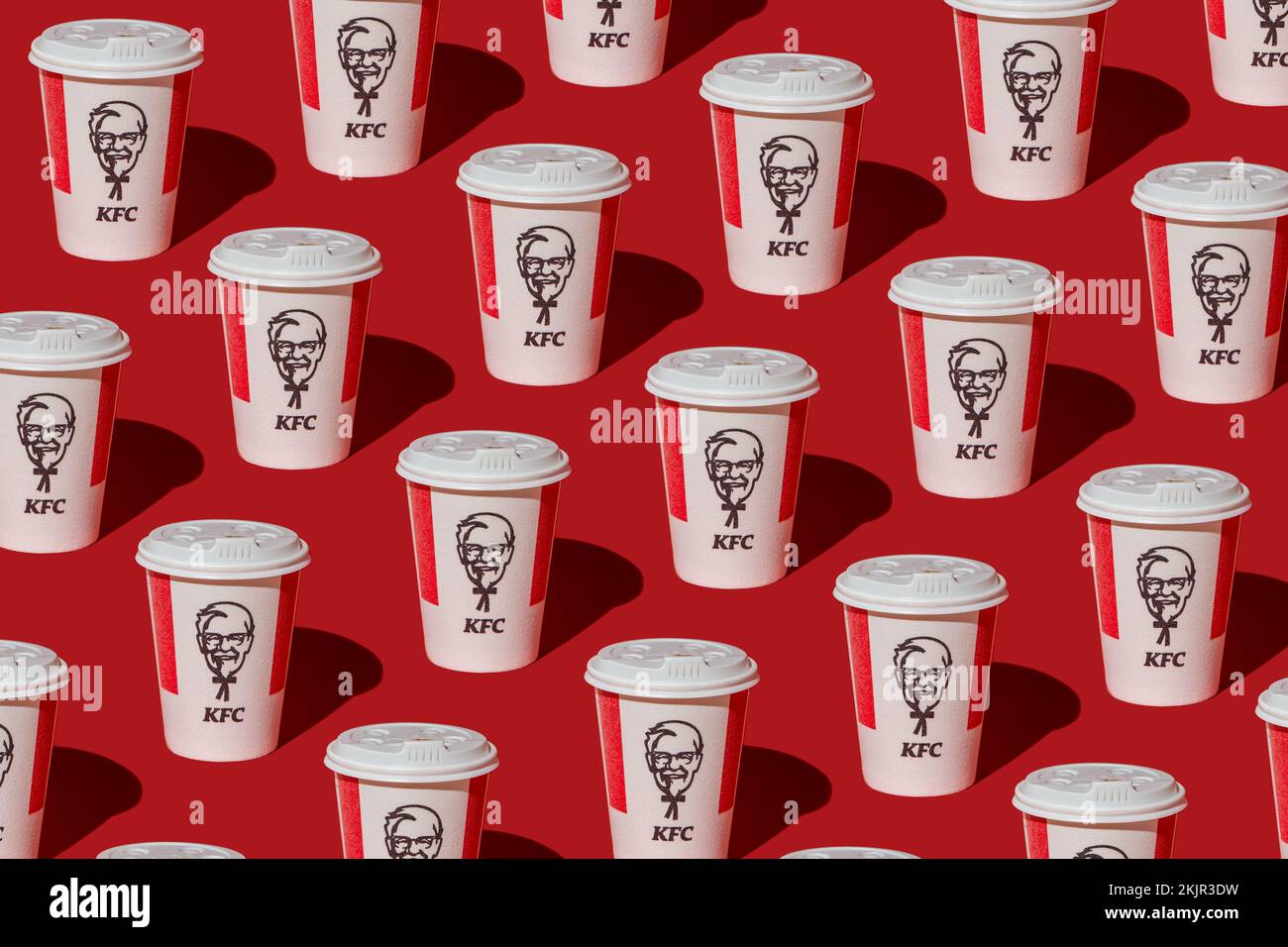 Red white glass of KFC for coffee, cocoa, tea on a red background. Hot ...