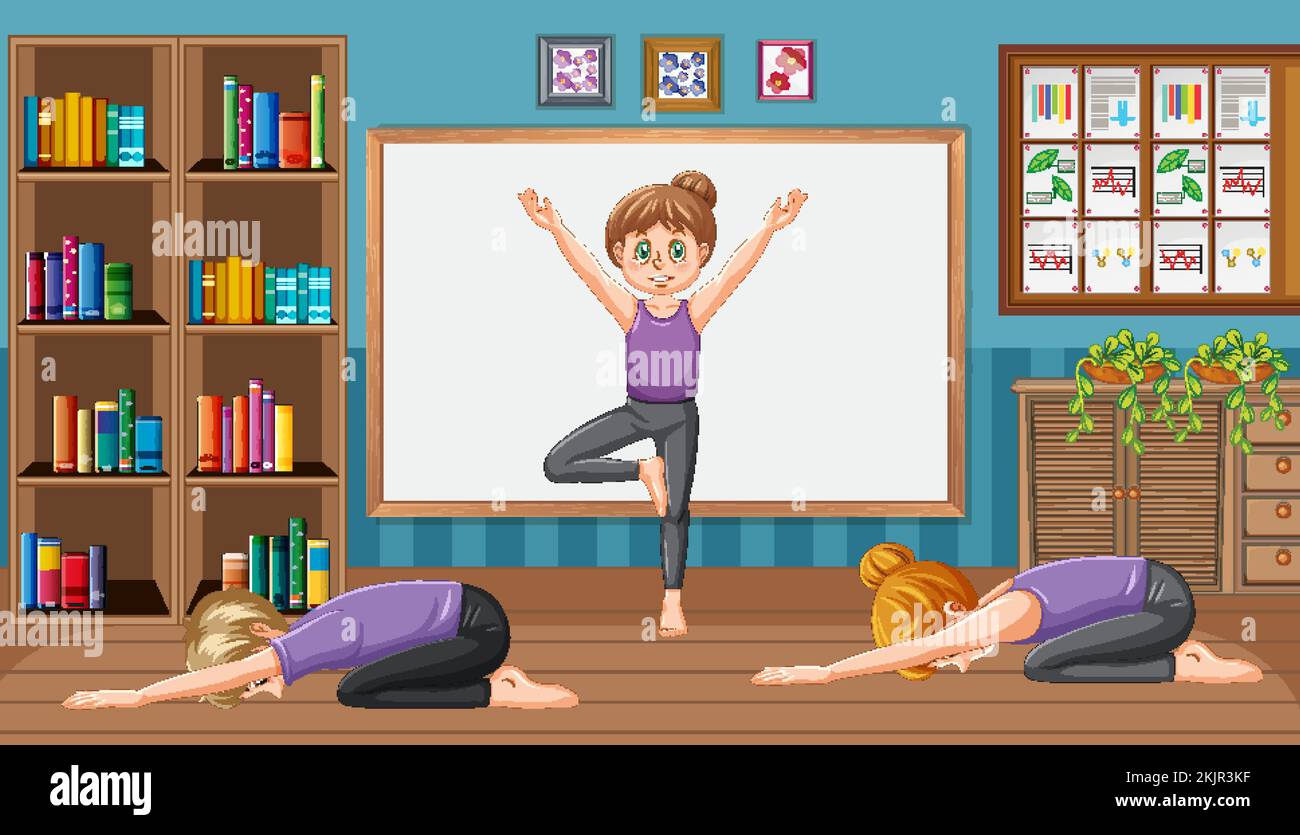 People doing yoga in yoga studio scene illustration Stock Vector Image ...