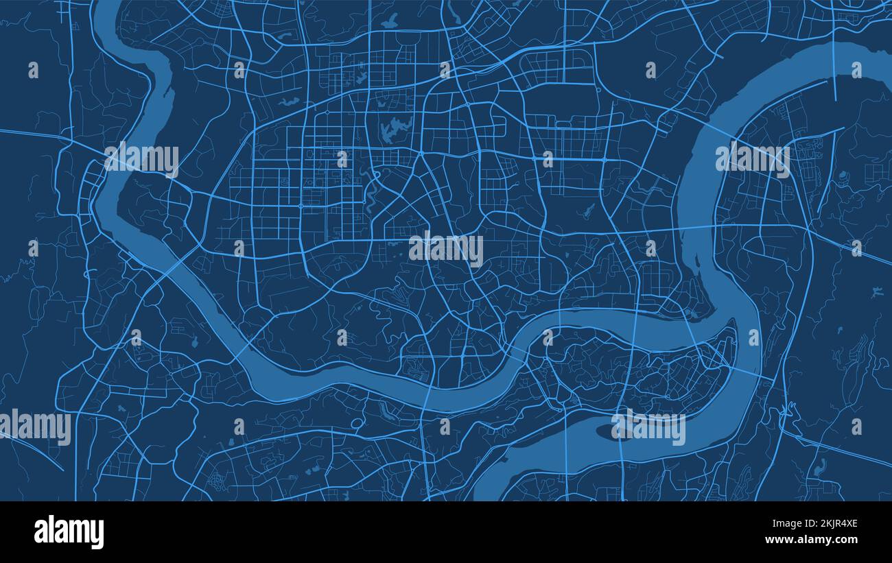 Dark blue Chongqing city area vector background map, roads and water ...