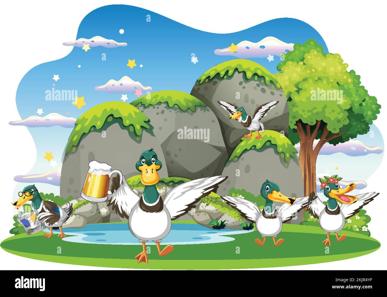 Happy duck group in nature scene illustration Stock Vector Image & Art ...