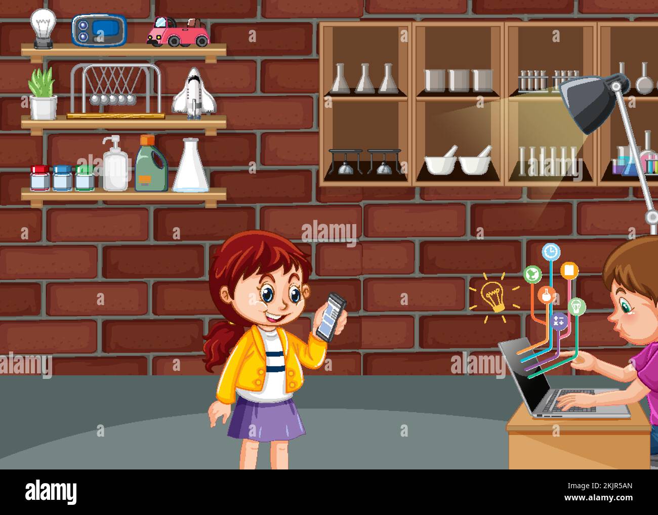 Children using technology devices at home illustration Stock Vector ...