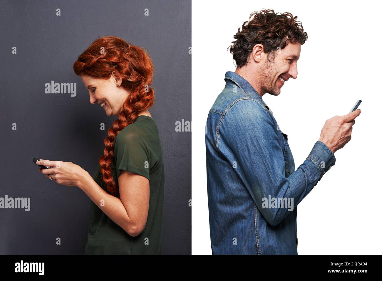 He says, she says. two young people text messaging each other while ...