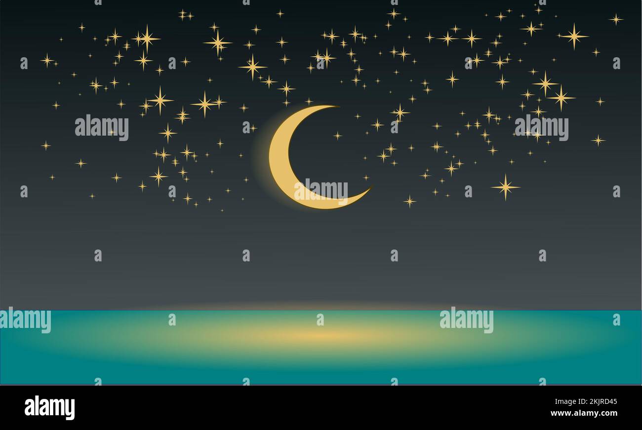 Crescent moon at night over the sea with stars Stock Photo - Alamy