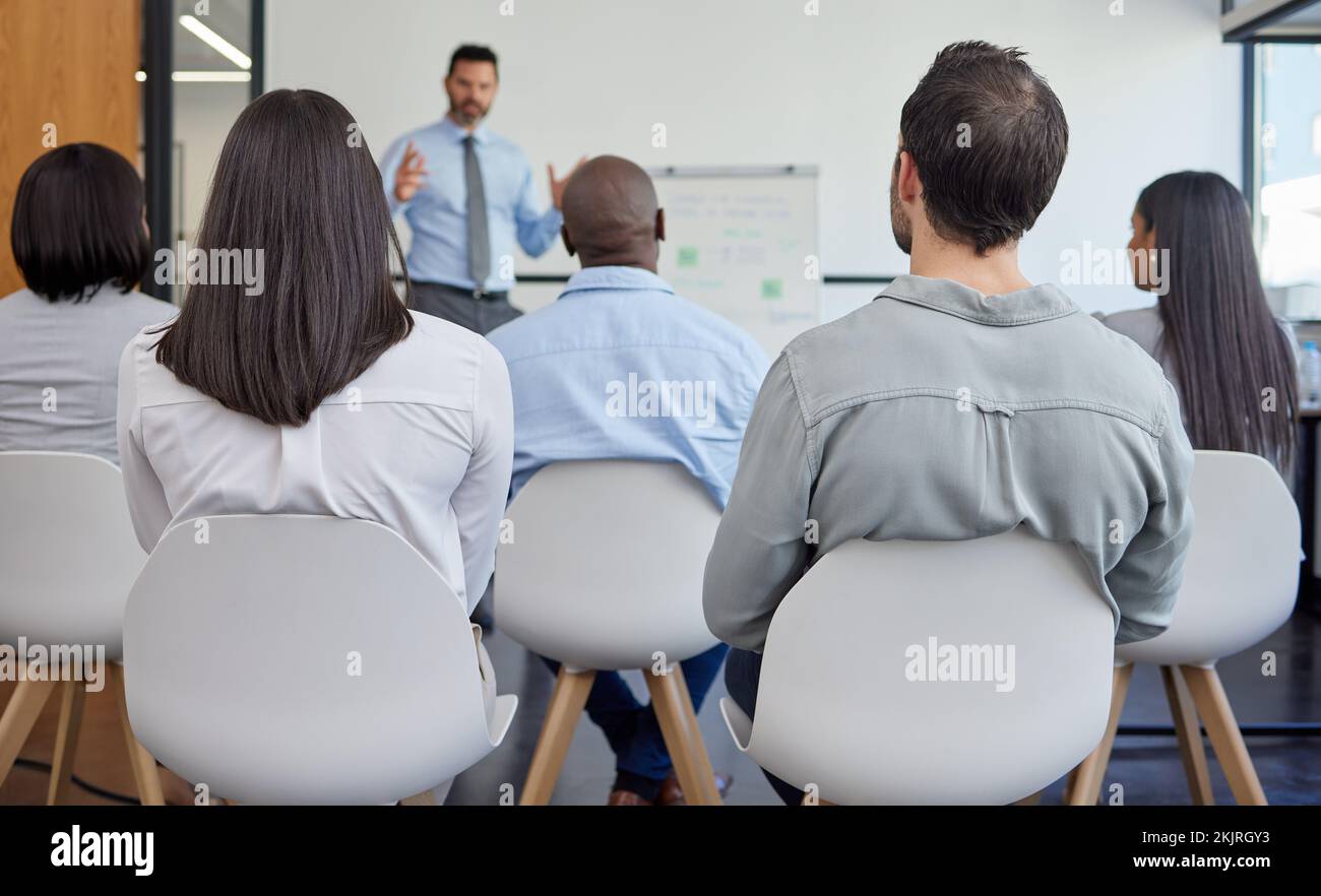 Presentation, business people and manager in workshop meeting for ...