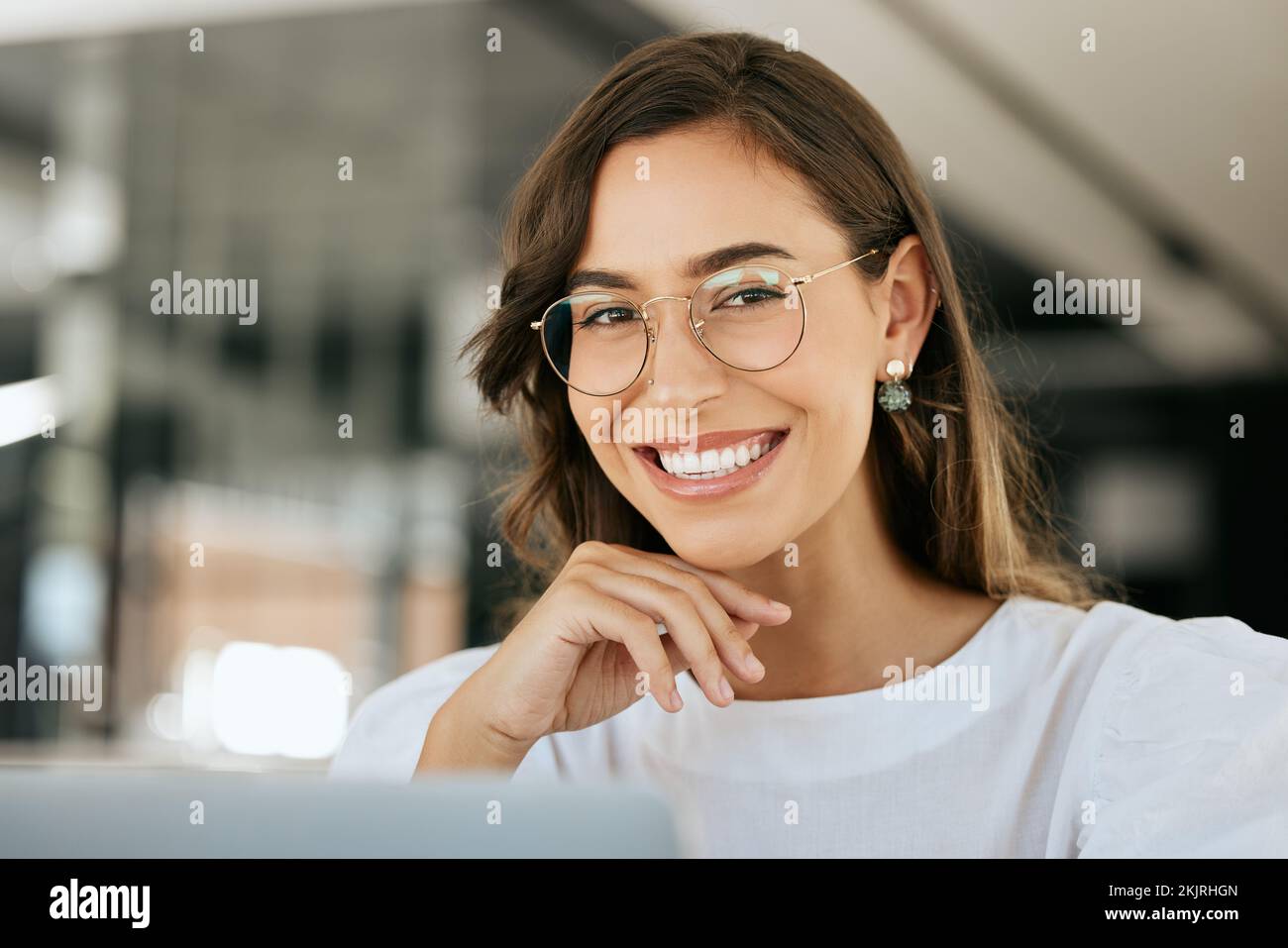 Creative, woman and portrait smile with glasses for vision, career ...
