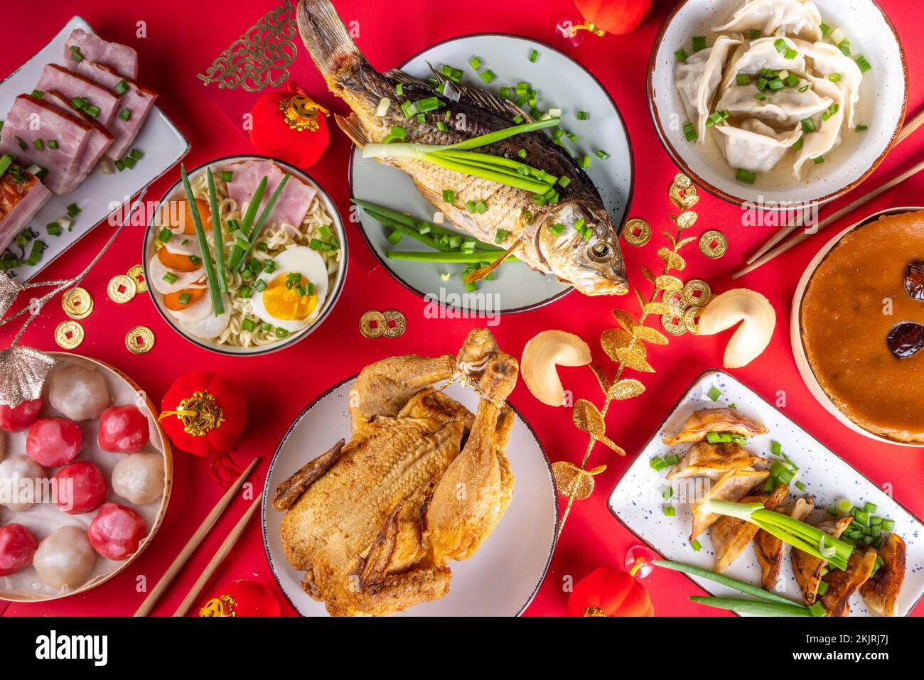 Traditional Chinese lunar New Year dinner table, party invitation, menu ...