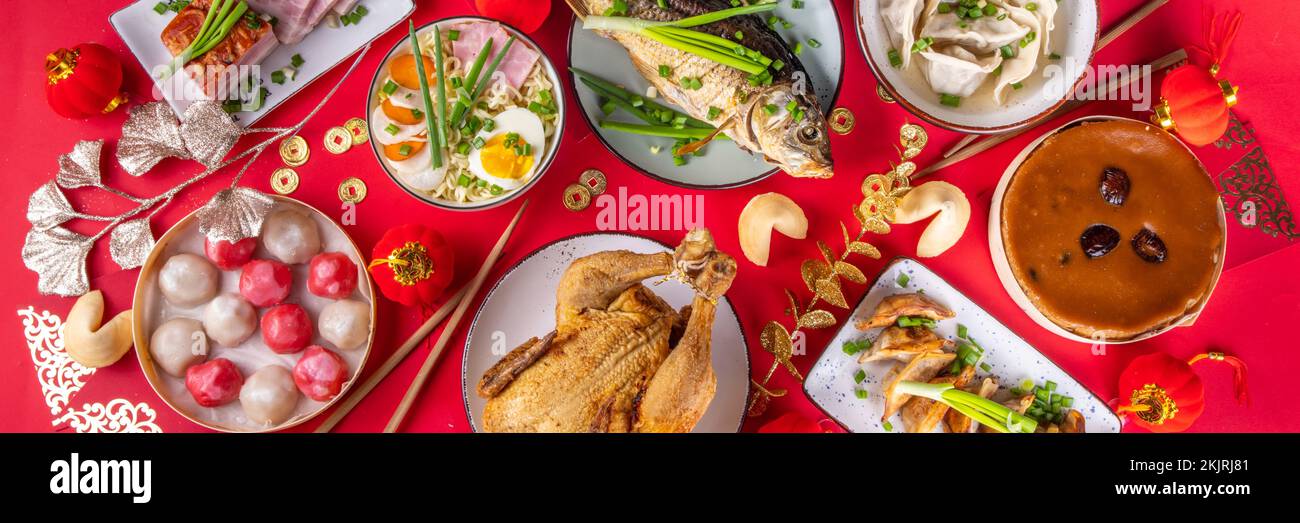 Traditional Chinese lunar New Year dinner table, party invitation, menu ...