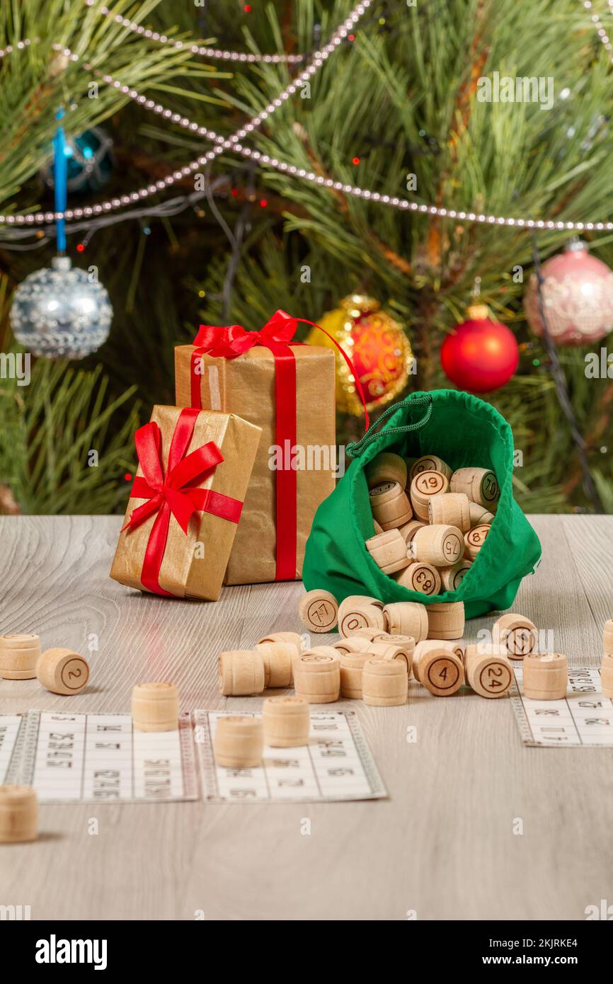 Wooden lotto barrels with bag and game cards for a game in lotto Stock ...