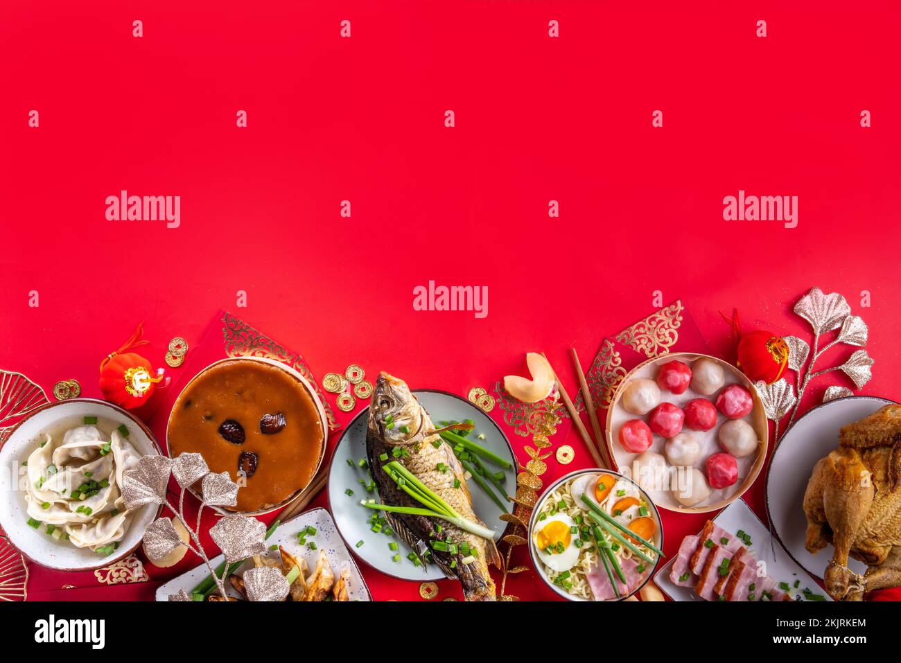 Traditional Chinese lunar New Year dinner table, party invitation, menu ...