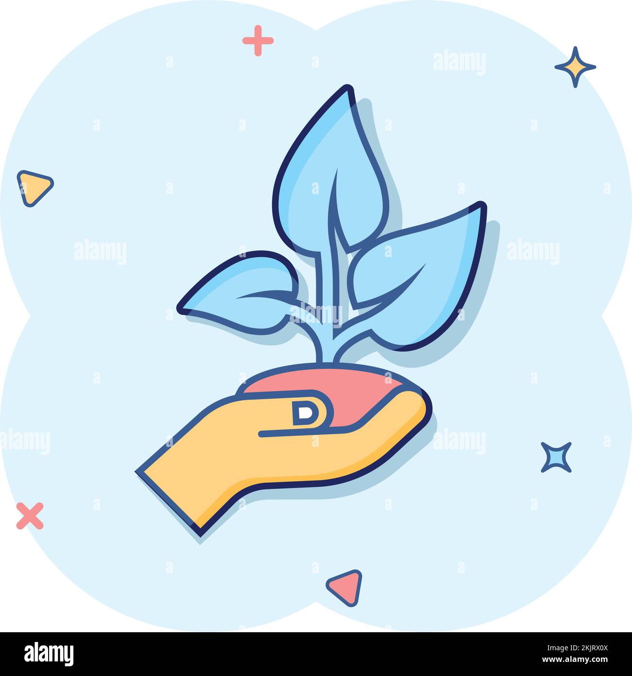 Hand with plant icon in comic style. Flower sprout cartoon vector ...