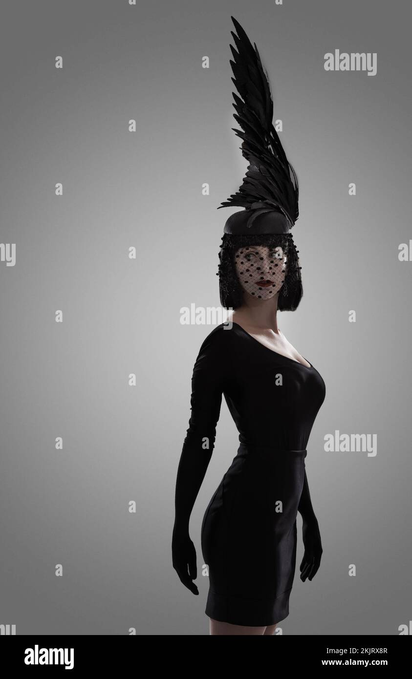 Quoth the raven. a young woman in a wing-shaped headpiece standing in a ...