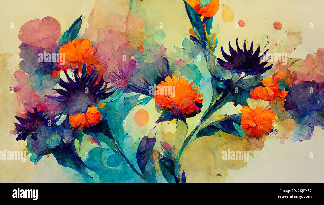 Abstract composition of plants and flower petals painting color texture ...