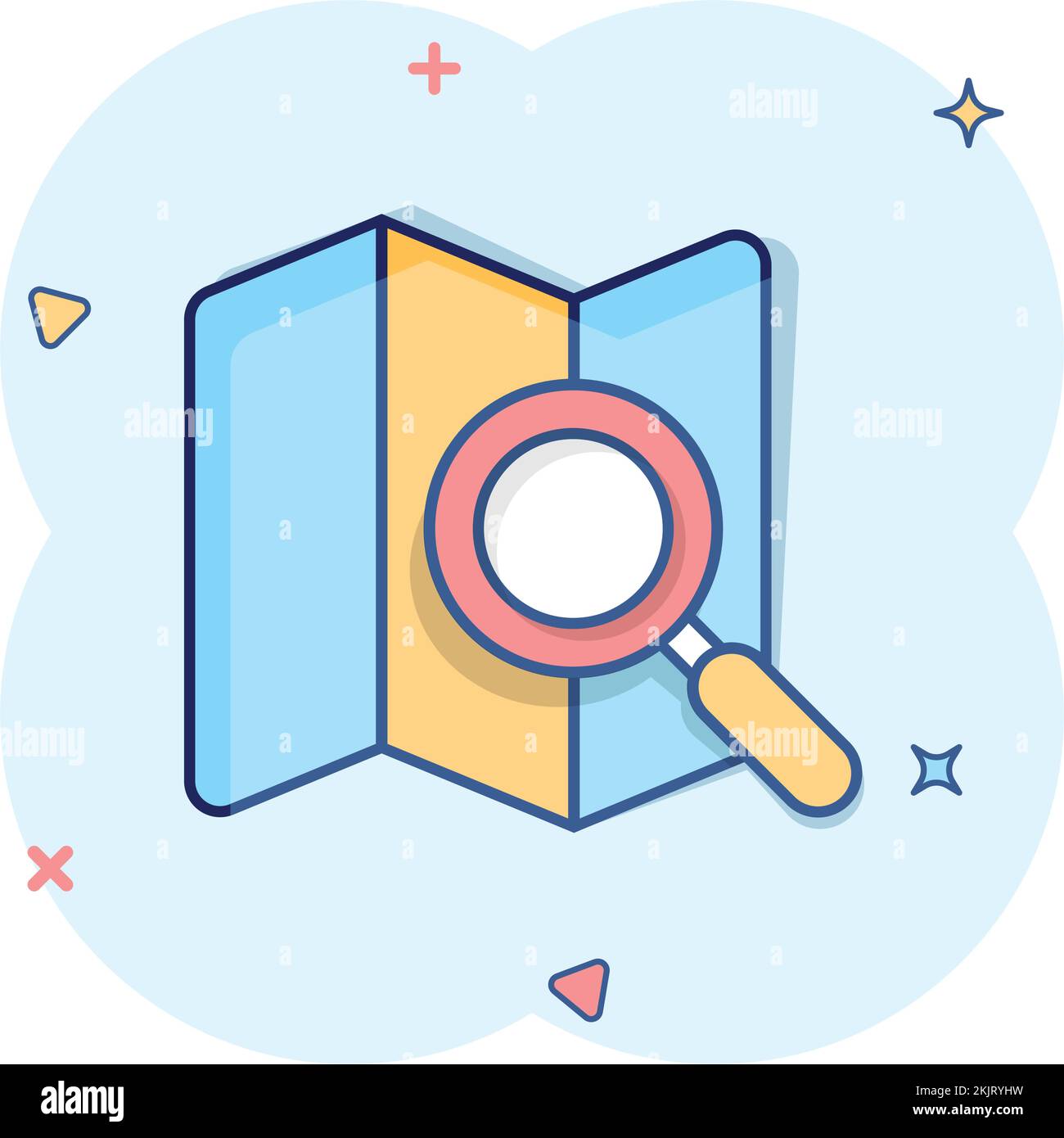 Map with magnifier icon in comic style. Gps navigation cartoon vector ...