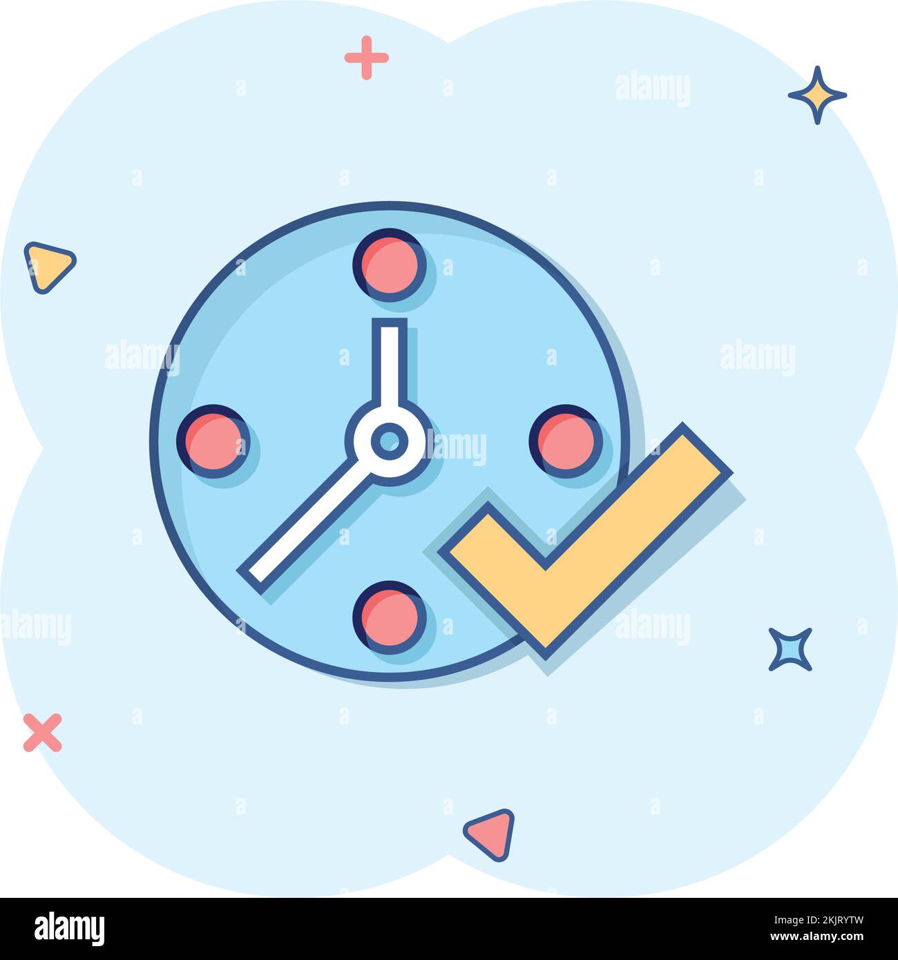 Clock check mark icon in comic style. Timer approval cartoon vector ...