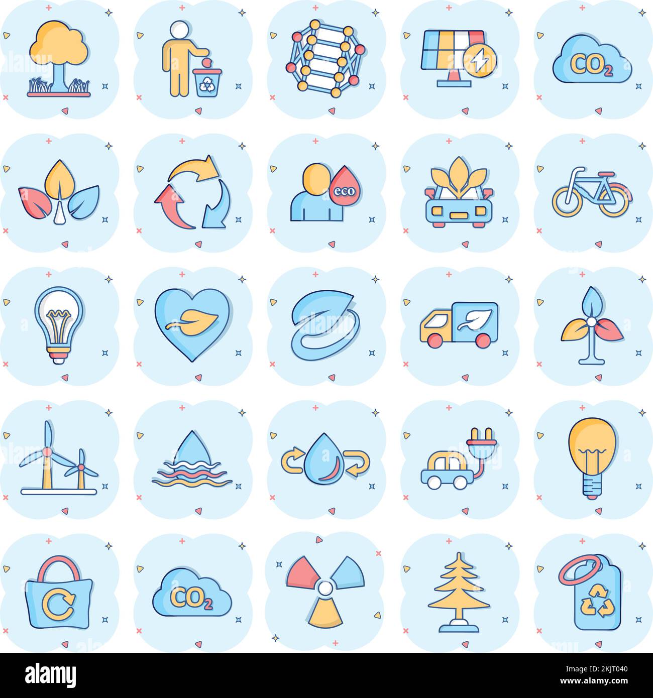 Eco environment icons set in comic style. Ecology cartoon vector ...