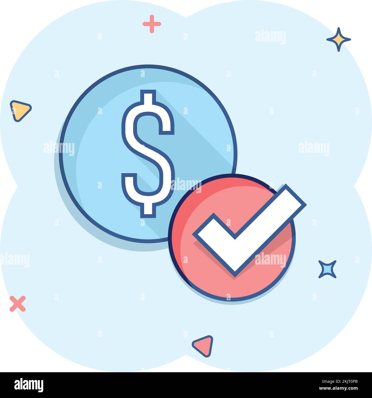 Coin check mark icon in comic style. Money approval cartoon vector ...