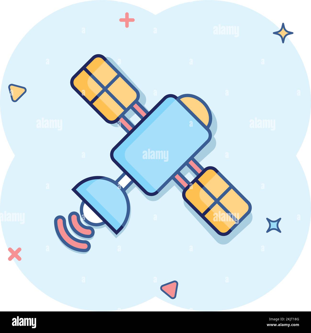 Satellite icon in comic style. Sputnik cartoon vector illustration on white isolated background ...