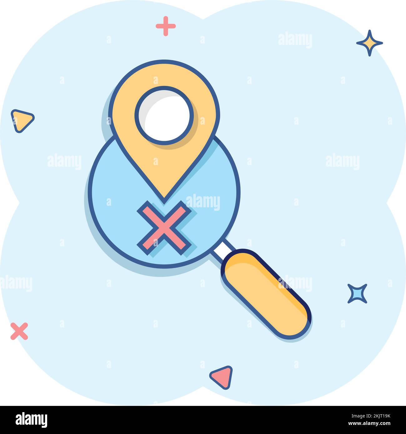 Map pin with magnifier icon in comic style. Gps navigation cartoon ...