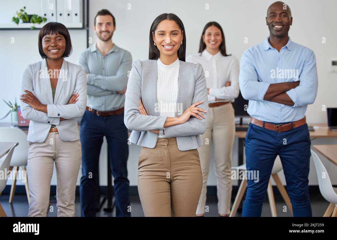 Business people, portrait smile and team with arms crossed in corporate collaboration or ...