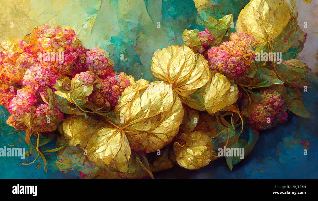 Abstract composition of plants and flower petals painting color texture ...