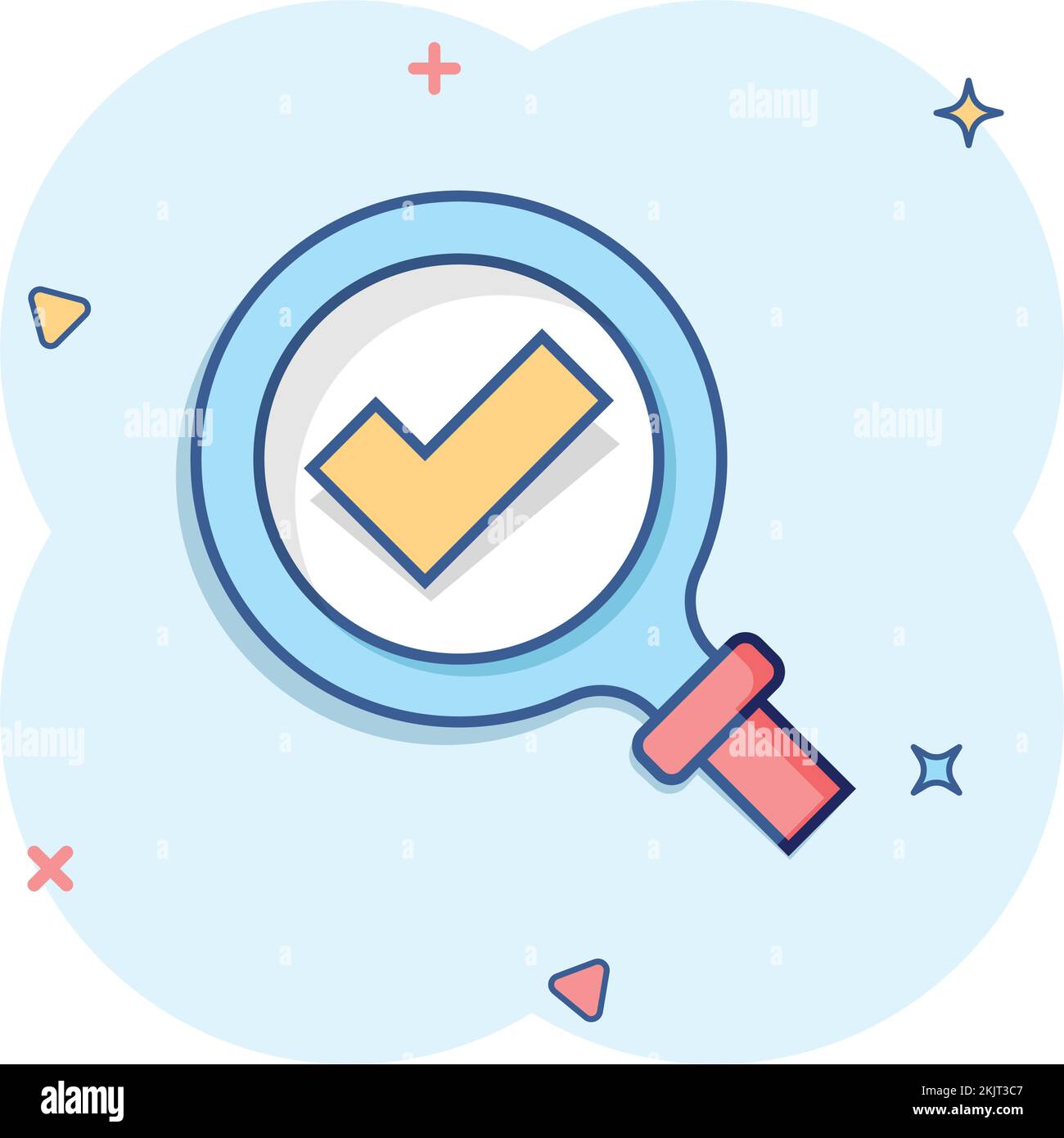 Check mark with magnifying glass icon in comic style. Loupe accept ...