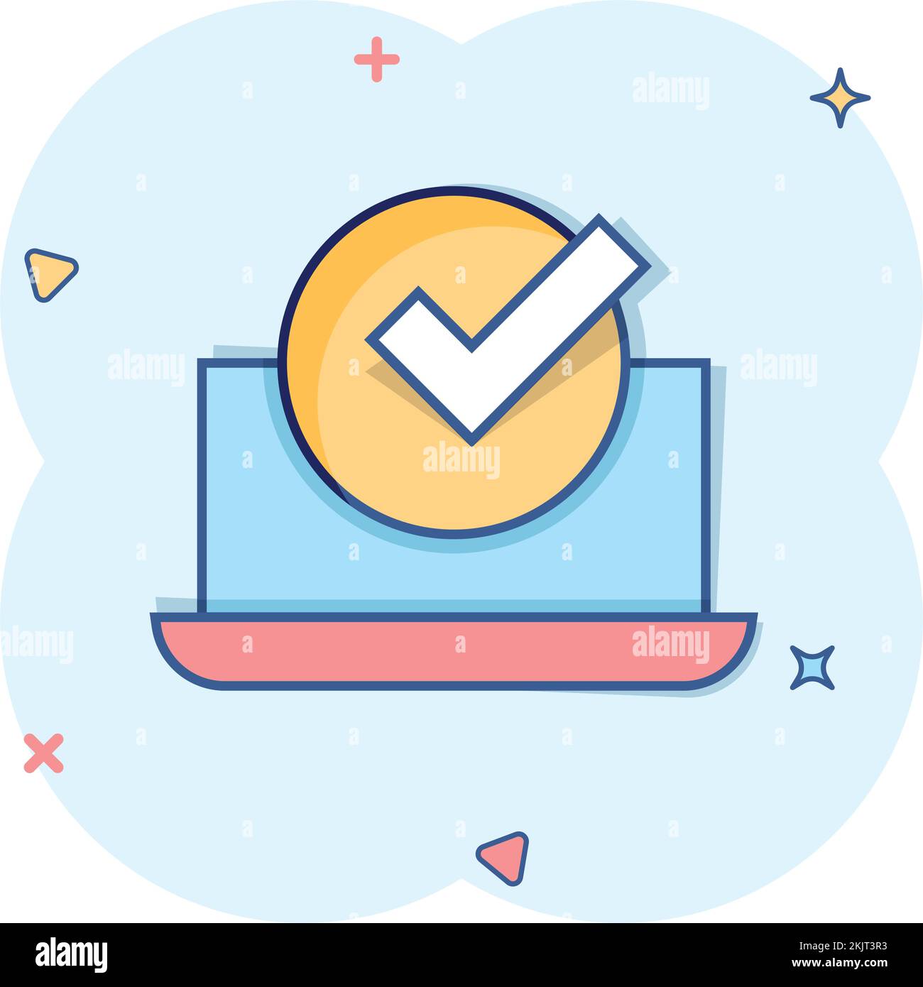Laptop Check Mark Icon In Comic Style Computer Approval Cartoon Vector Illustration On White