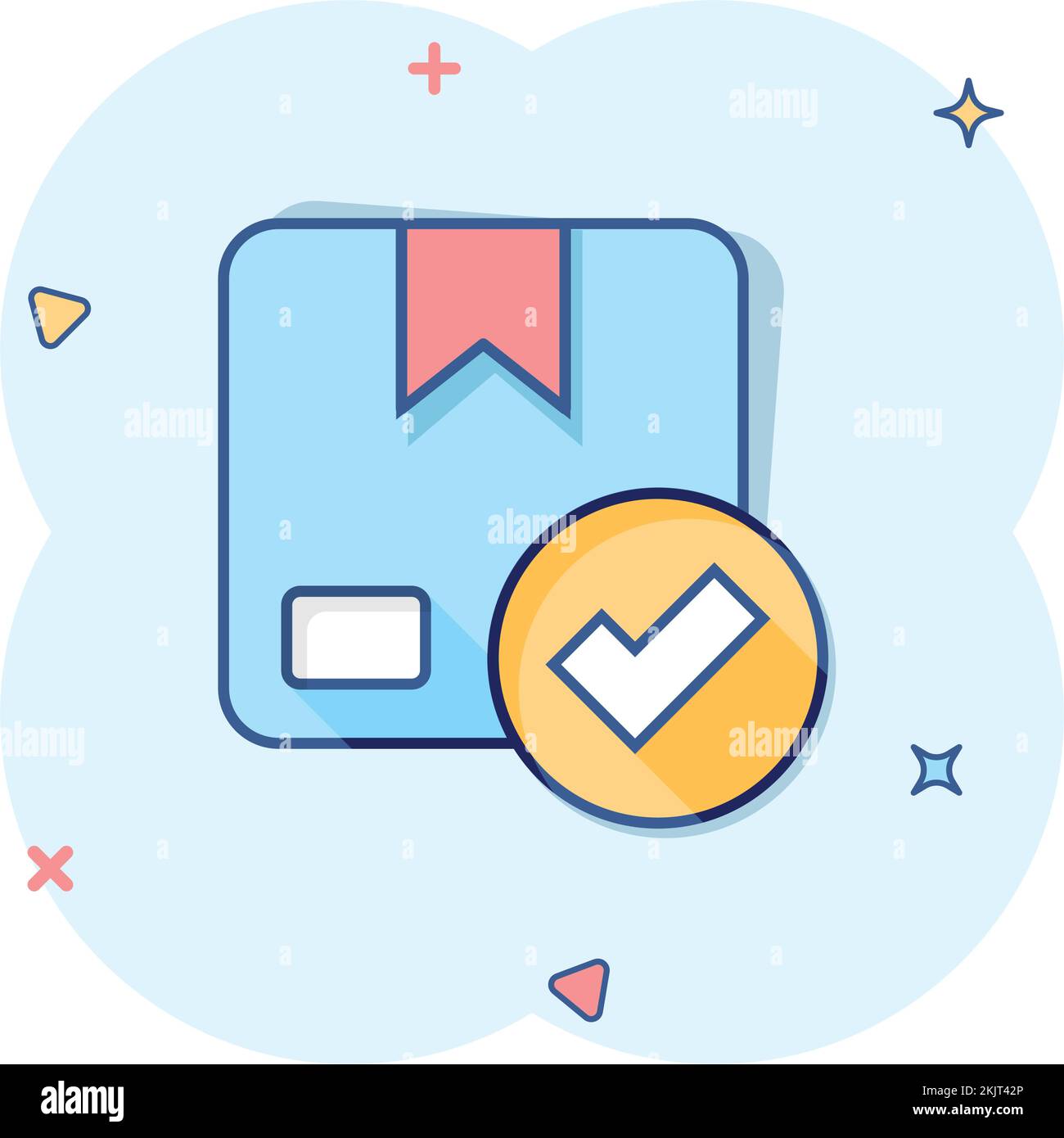 Shipping box check icon in comic style. Container approve cartoon ...