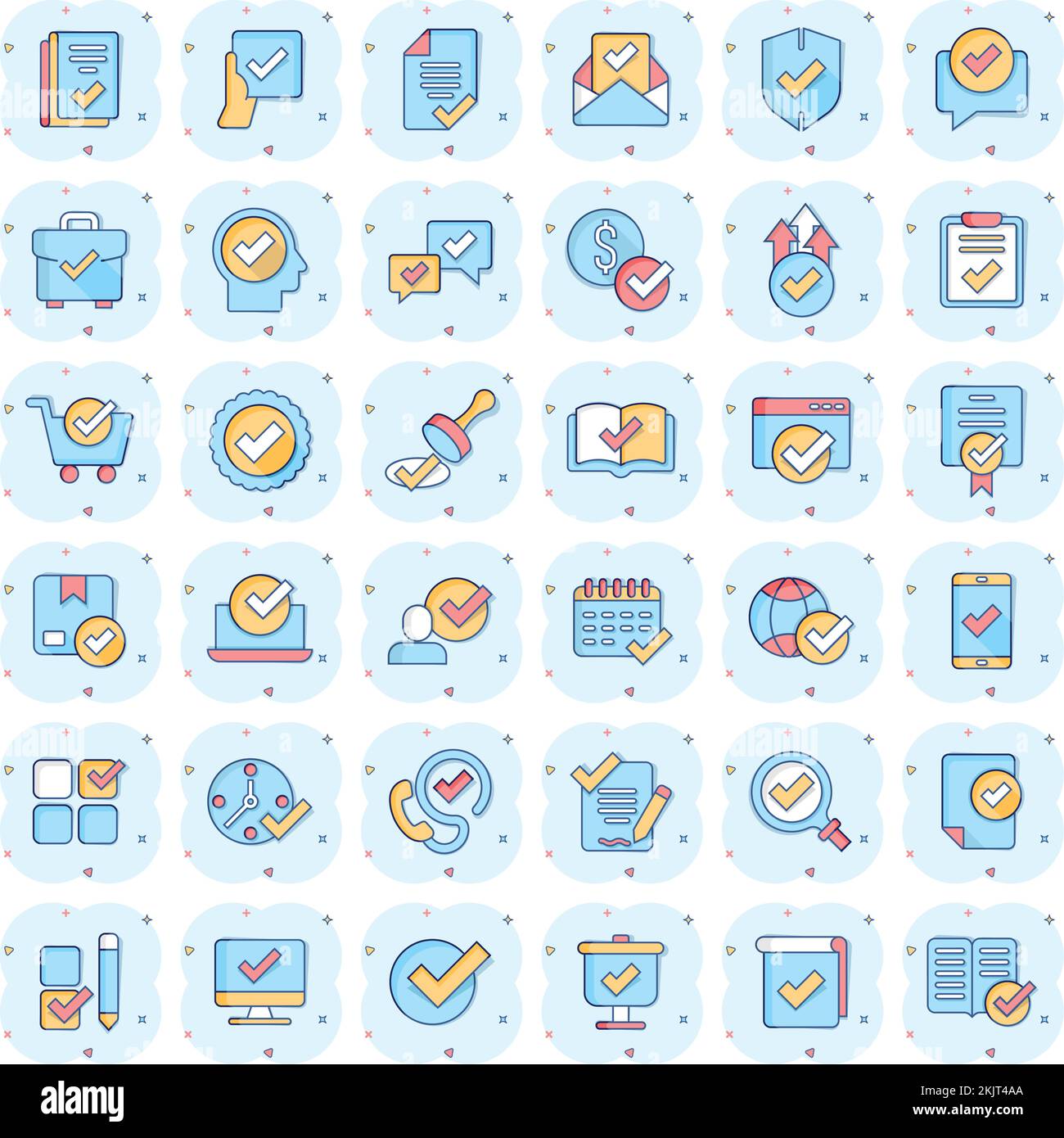 Approve icon set in comic style. Check mark cartoon vector illustration ...